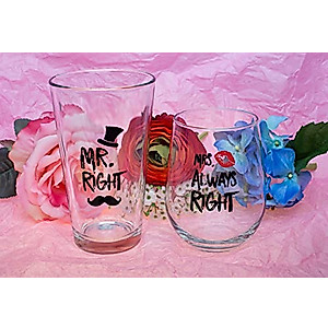 Funny Mr. Right and Mrs. Always Right Novelty Wine Glass and Beer Glass | Includes Fun, Stylish Gift Box | For Weddings, Engagement, Newlywed, Bachelorette, Anniversary, Couples Gifts