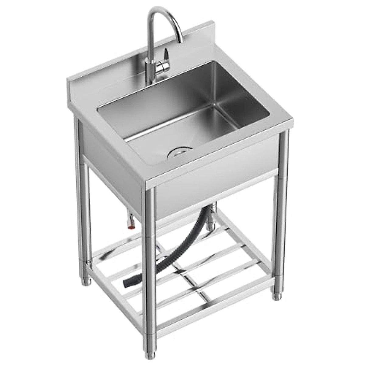 Stainless Steel Utility Sink, Free Standing Single Bowl Kitchen Sink with Cold and Hot Water Faucet, Commercial Sink for Restaurant Bar Cafe and Hotel, Indoor and Outdoor Sink, 21.7 in