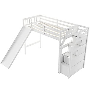 RUNWON Solid Wood Twin Size Loft Bed with Storage and Slide for Kids Teens Bedroom, No Box Spring Needed, White