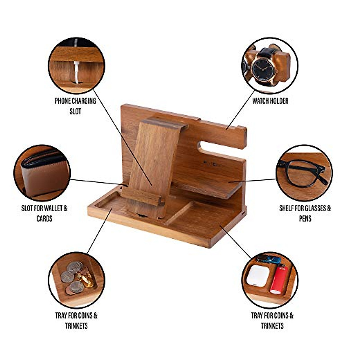 WUTCRFT - Wooden Phone Docking Station/Bedside Nightstand Organizer with Watch, Glasses, Wallet and Accessories Holder, Perfect as a Desk Organizer, Birthday gift, or Gifts for Men