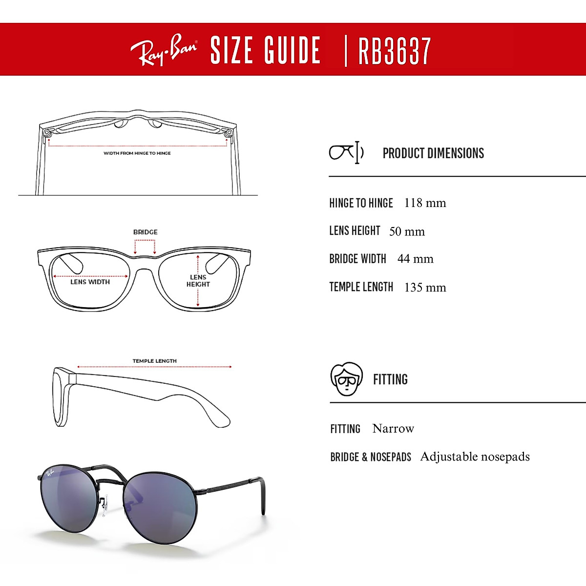 Ray-Ban RB3637 002/G1 47MM Black/Blue Round Sunglasses for Men for Women + BUNDLE with Designer iWear Kit