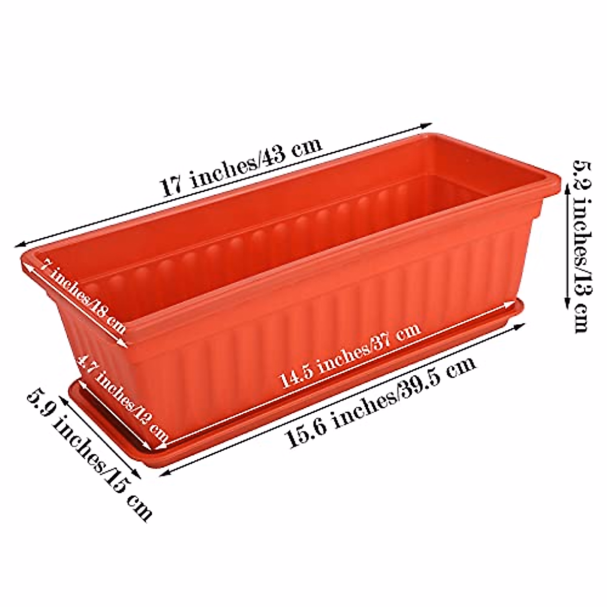 Elcoho 6 Pack Flower Window Box Planters 17 Inches Plastic Vegetable Plant Pot Rectangular Planters with Trays for Windowsill, Patio, Porch, Garden, Home Decor (Red)