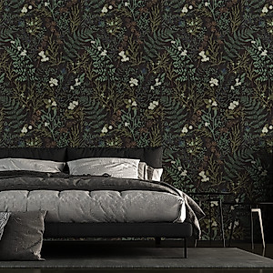 VaryPaper 17.7''x118'' Tropical Moss Leaf Peel and Stick Wallpaper Black Floral Self Adhesive Removable Contact Paper Decorative for Bedroom Walls Cabinets Shelves