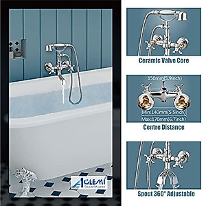 Aolemi Wall Mount Bathtub Faucet with Handheld Shower Polish Chrome Double Cross Handle Mixer Tap with Telephone Shaped Hand Sprayer Vintage Tub Filler