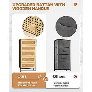 Crestlive Products Rattan Dresser Storage Tower, Tall Fabric Dresser, Chests of Drawers, Wood Top &Wood Handles - Organizer Unit for Bedroom, Hallway, Entryway, Closets - 5 Drawers (Natural)