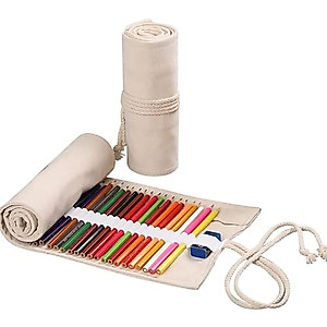 Jowxsx White Large Capacity Pen Curtain Canvas Roll Up Pencil Case 36 Slots Pencil Bag Pencils Case Wrap Roll Holder for Coloring Pencil Natural Color Pen, Pencil and Marker Cases