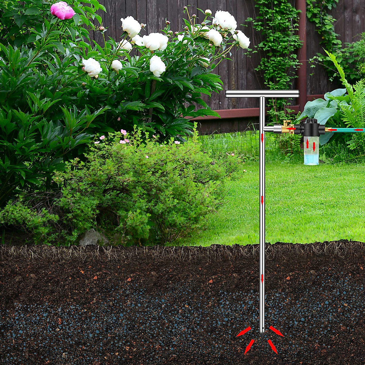 Root Feeder Deep Root Watering Tool with Fertilizer Dispenser Tree Watering Spike Watering Wand Irrigation System,for Plants Trees Bushes Shrubs Made of Stainless Steel with Shut Off Valve T Handle