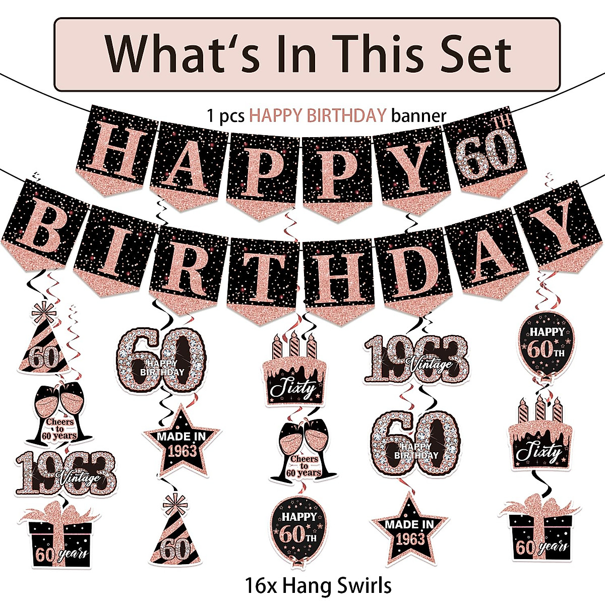 60th Birthday Decorations for Women, Pink and Black 1963 Birthday Party Decorations Include Happy 60th Birthday Banner and Hanging Swirls, Happy 60th Birthday Party Decor for Women