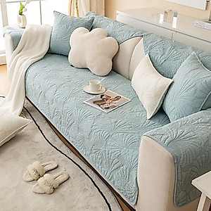 Huierxun Solid Color Leaves Sofa Cover Cotton Quilted Couch Cover Anti-Slip Sectional Couch Covers Sofa Slipcover for Dogs Cats Pet Love Seat Recliner Armrest Backrest Cover (Blue,28''x28'')