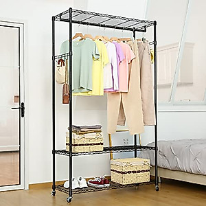 Modrine Clothing Rolling Rack, 3 Tiers Heavy Duty Garment Rack, with Lockable Wheels, 2 Side Hooks and 1 Clothes Rod (Black)