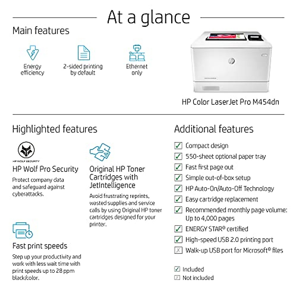 HP Color Laserjet Pro M454dn Print only Wired Laser Printer, 2-line Backlit LCD Display, 28 ppm, Auto Duplex Printing, 600 x 600 dpi, 8.5 x 14, USB 2.0, Ethernet, White, Cbmou Printer Cable