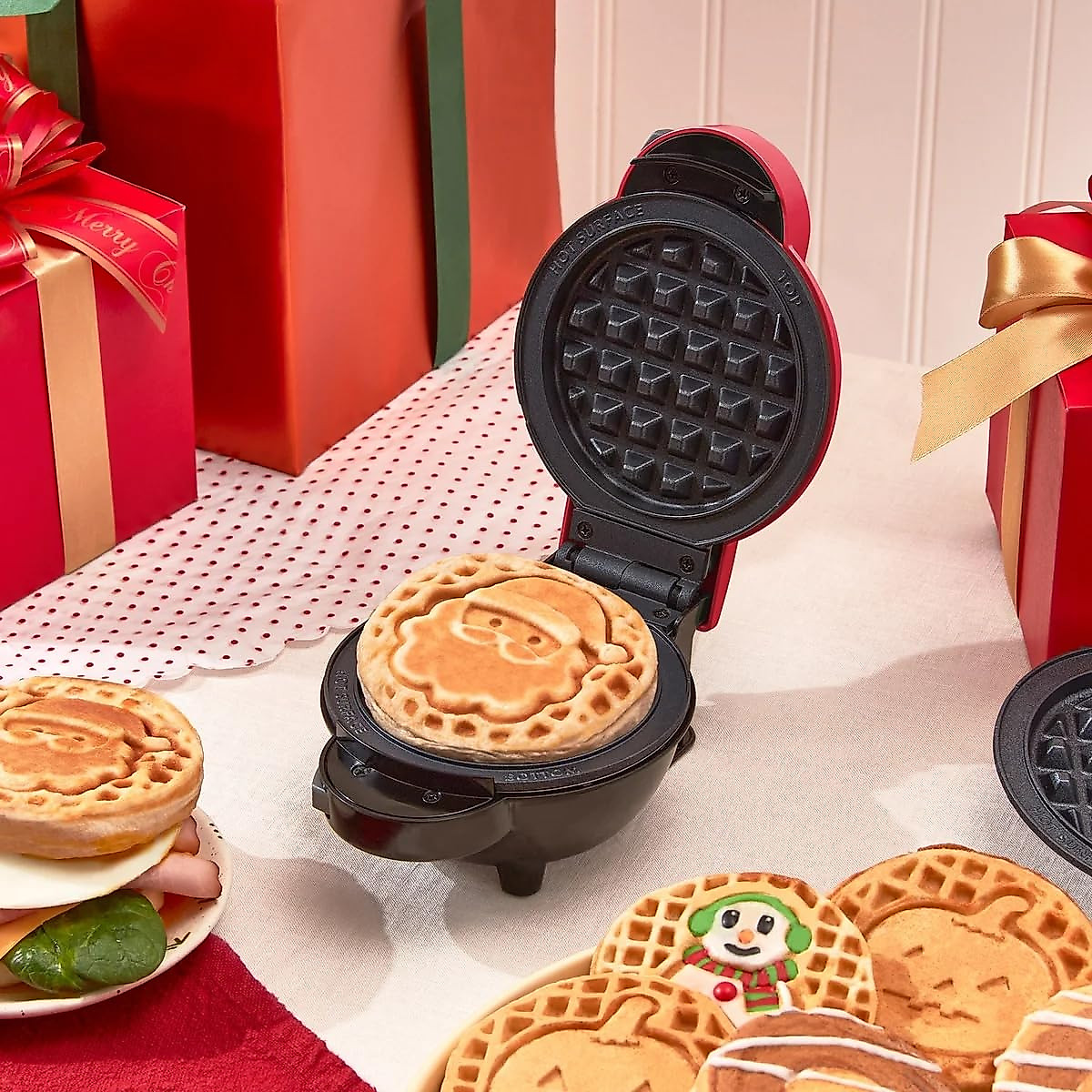 DASH Multimaker with 7 Removable Plates: Waffle Iron & Griddle + 3 Themed Plates - Santa Pumpkin Snowman - Mini Waffle for Halloween and Christmas Holidays - for Kids and Families (Red)
