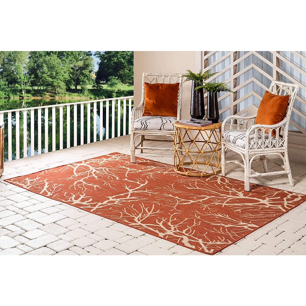 Unique Loom Outdoor Botanical Collection Area Rug - Branch (9' x 12' 2" Rectangle, Terracotta/ Beige)