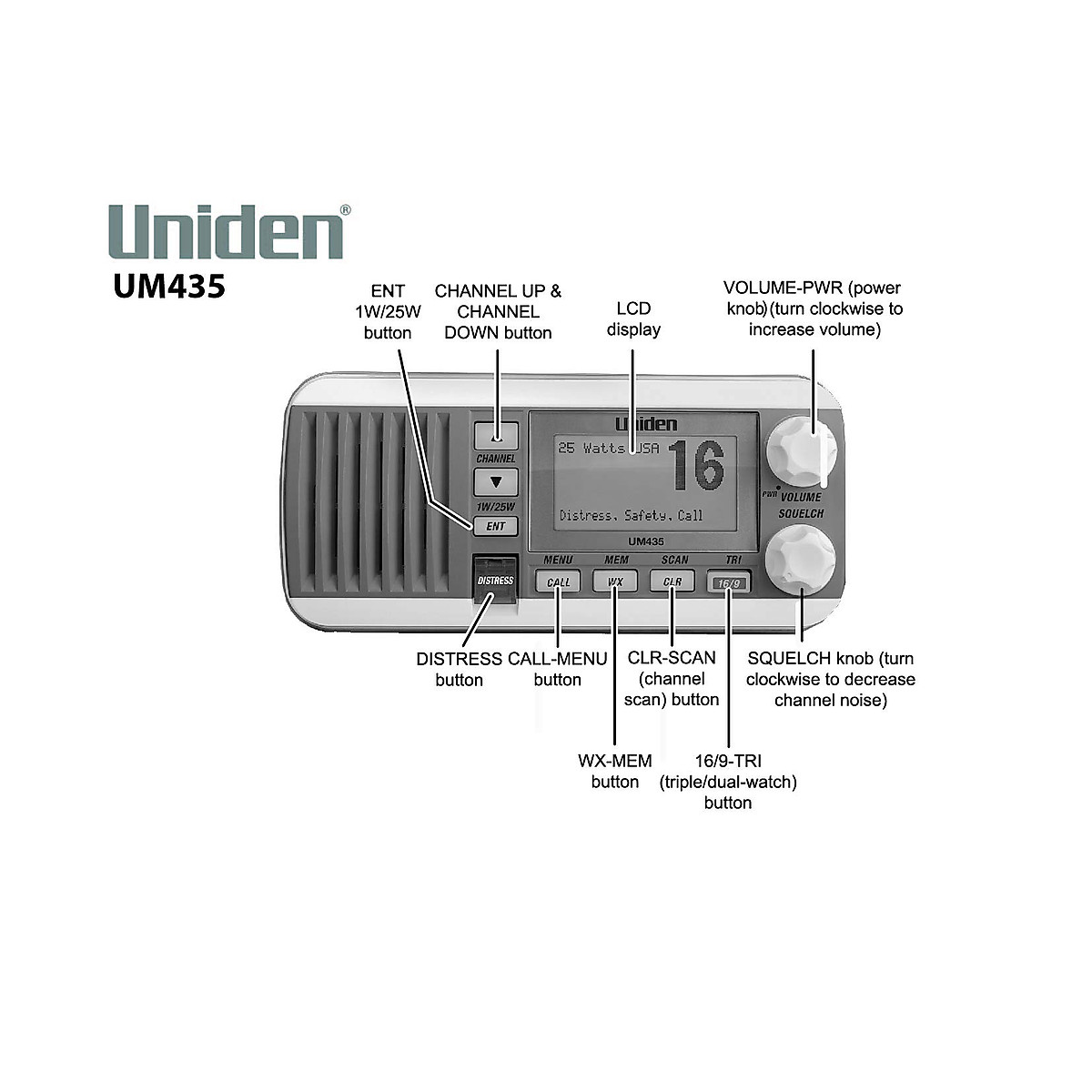 Uniden UM435 Advanced Fixed Mount VHF Marine Radio, All USA/International/Canadian Marine Channels Including New 4-Digit, CDN “B” Channels, 1 Watt/25 Watt Power, Waterproof IPX8 Submersible, White