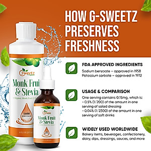 G-Sweetz Monk Fruit & Stevia Liquid Sweetener Drops - Natural Sweeteners & Sugar Alternatives - Delicious Blend with No Bitter Aftertaste - Concentrated Sweetener Liquid Drops Extract – 8 FL OZ (1600 Servings)