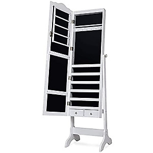 Giantex Jewelry Armoire Organizer Box with Mirror & 2 Drawers, Lockable Floor Standing Jewelry Cabinet with 14 Auto-on LED Lights, Full Length for Bedroom (White)