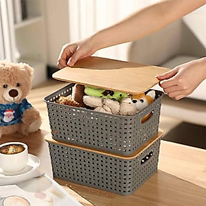 Barydat 4 Pack Plastic Storage Baskets with Bamboo Lid Pantry Organization Storage Containers Lidded Bins Container for Shelves Drawers Desktop Closet Playroom Classroom Office(Gray)