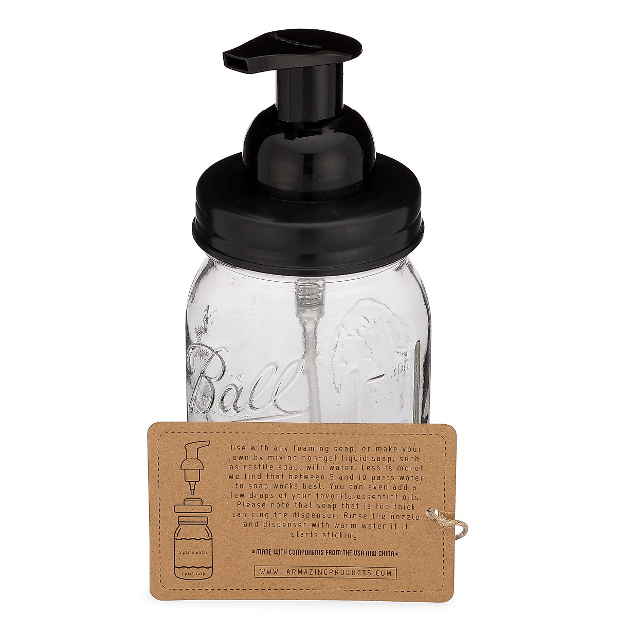 Jarmazing Products Mason Jar Foaming Soap Dispenser - Black - with 16 Ounce Ball Mason Jar - One Pack!