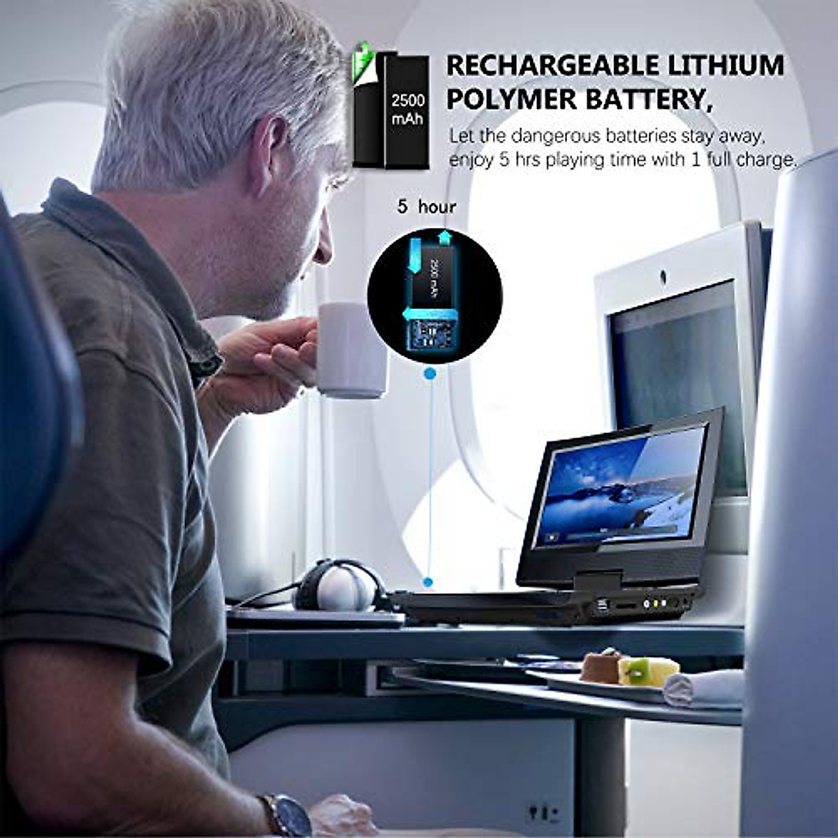 SUNPIN 11" Portable DVD Player for Car and Kids with 9.5 inch HD Swivel Screen, 5 Hour Rechargeable Battery, Dual Earphone Jack, Supports SD Card/USB/CD/DVD, with Extra Headrest Mount Case (Black)