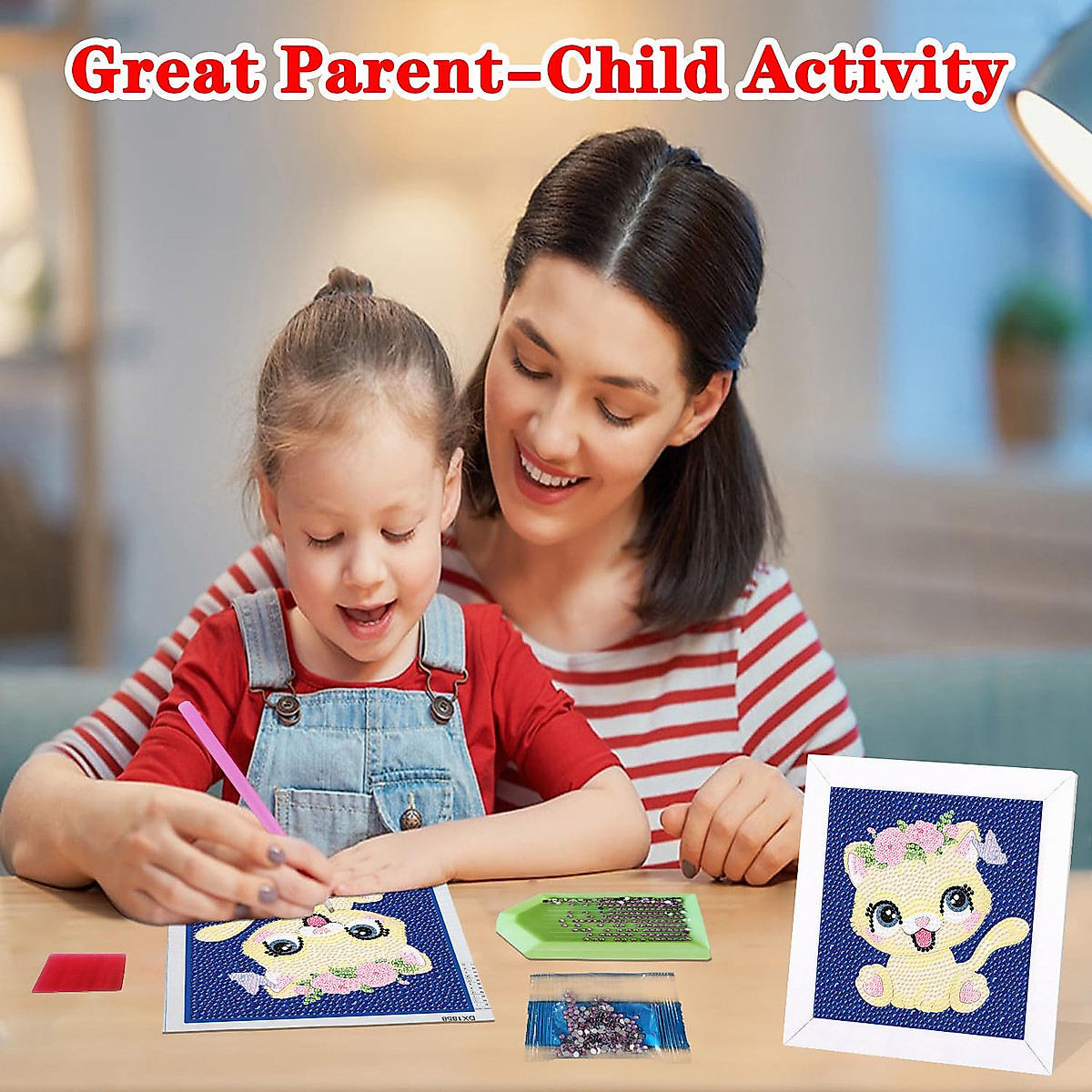 Miairivy Diamond Painting for Kids, 5D Animal Diamond Art Mini Small Kit(with Wooden Frame), DIY Cute Cat Big Gem Painting Set, Paint by Diamonds Crafts for Girls Boys Ages 4-12