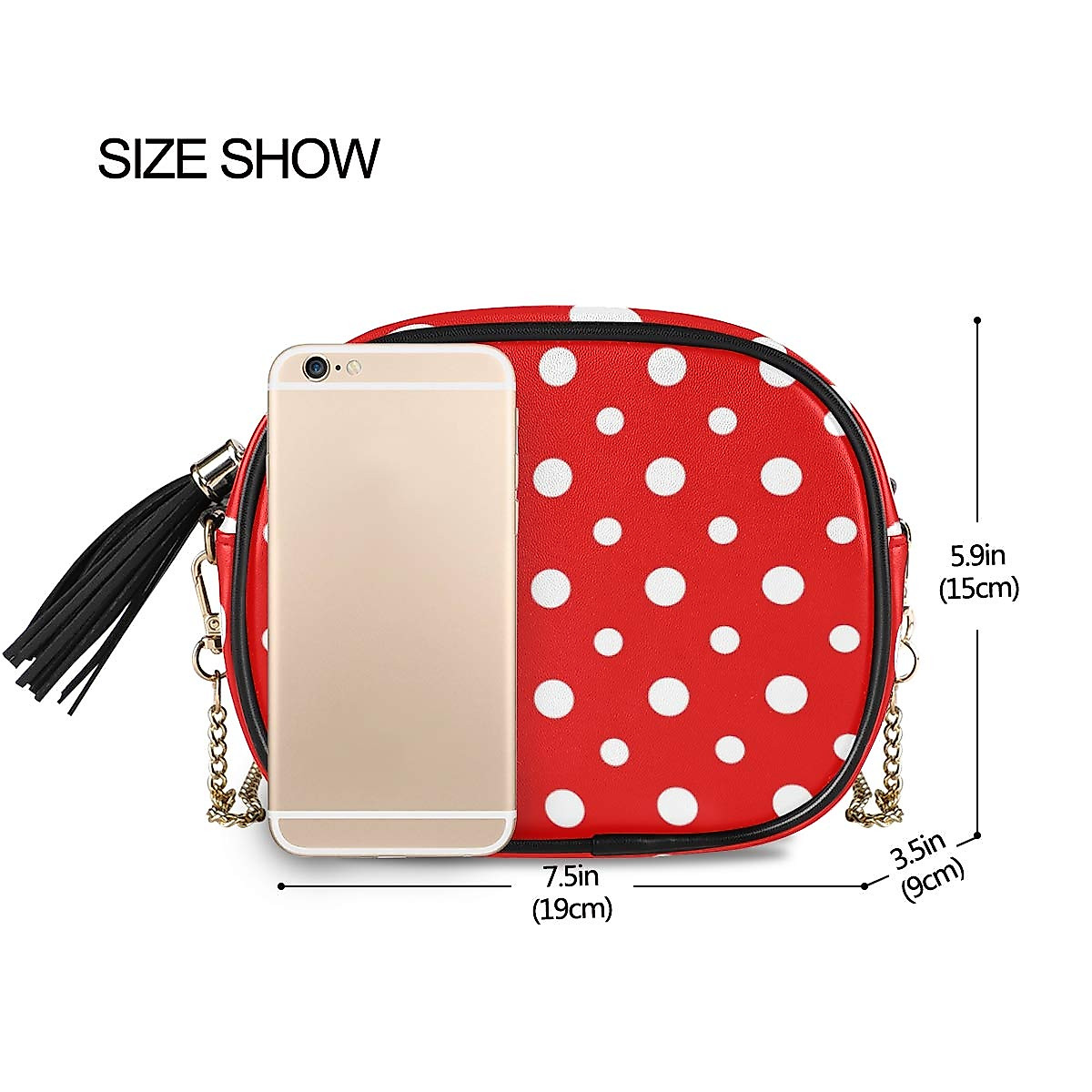 Vikko Red And White Polka Dot Small Crossbody Bag Handbag Purse PU Leather Women Shoulder Chain Bag With Metal Chain Strap And Tassel Top Zipper