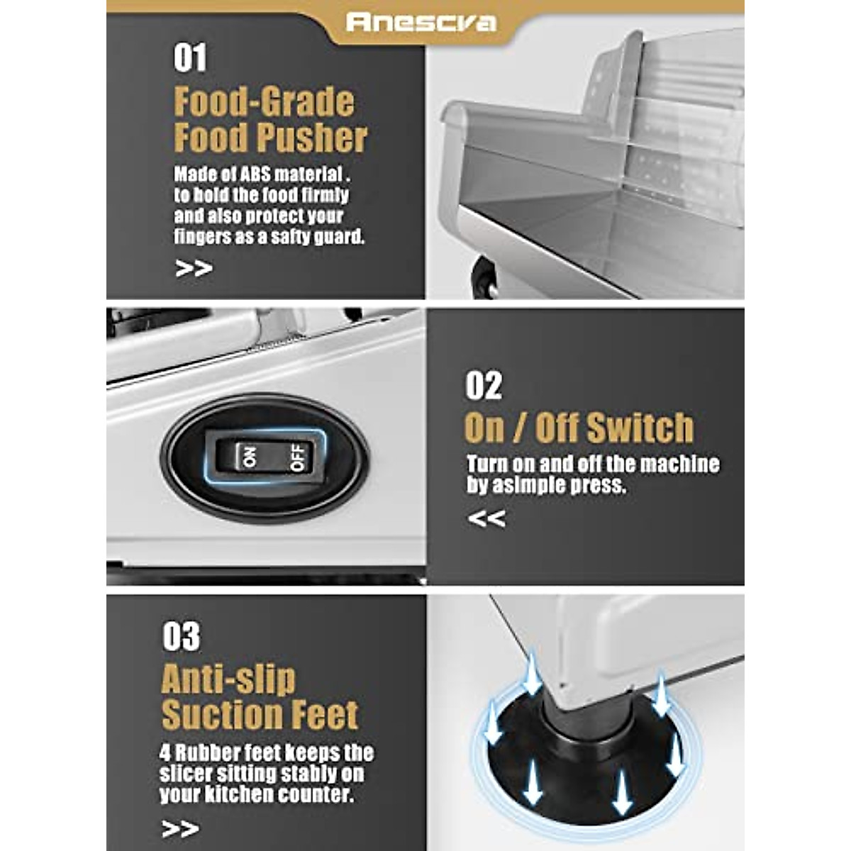 Meat Slicer, Anescra 200W Electric Deli Food Slicer with Two Removable 7.5’’ Stainless Steel Blades and Food Carriage, 0-15mm Adjustable Thickness Meat Slicer for Home, Food Slicer Machine- Silver