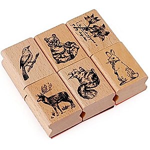Tvoip 6Pcs Stylish Vintage Cute Animal Plant Wooden Rubber Stamps Scrapbooking Painting Cards Deer Panda Rabbit Flower Decor DIY Craft