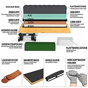 Sharpening Stone Whetstone Knife Sharpener, knife sharpening stone Premium 4 Side Grit 400/1000 3000/8000 Water Stone Sharpening Kit Wet Stones with Leather Strop, Bamboo Base & Angle Guide