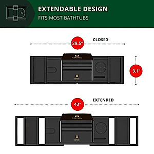 ROYAL CRAFT WOOD Luxury Bathtub Caddy Tray, 1 or 2 Person Bath and Bed Tub Table with Extending Sides, Adjustable Organizer Tray for Bathroom - Free Soap Dish (Black)