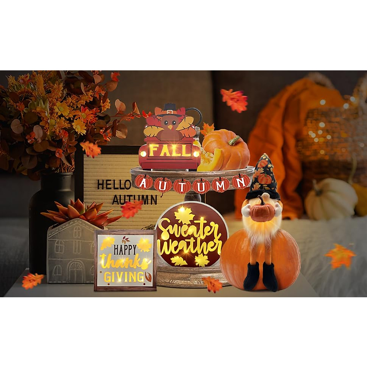 Thanksgiving Tiered Tray Decorations, LED Light Up Thanksgiving Decorations Farmhouse Rustic Wooden Sign Turkey Gnome Fall Decor Warm Thanksgiving Autumn Home Table Kitchen Decorative Tray
