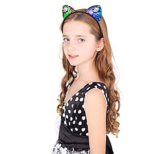 Beinou Reversible Sequin Cat Ears Headband - Shiny Bling Kitty Hairband with Ear Hair Hoops, Cute Hair Accessories for Girls Women, Suitable for Daily Wear and Party Decorations