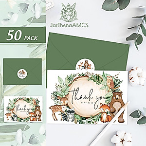 JarThenaAMCS 50 Packs Woodland Thank You Cards Woodland Animal Watercolor Greeting Cards Boxed with Envelopes and Stickers Forest Creature Blank Note Cards for Baby Shower Birthday Party