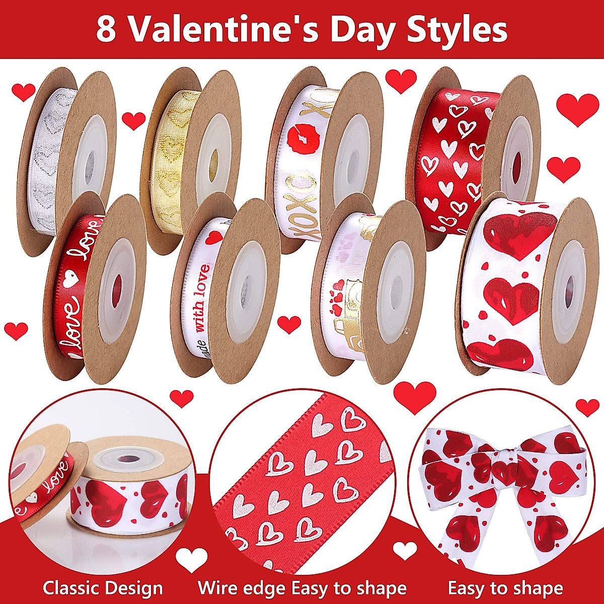 8 Rolls Hearts Ribbon Set, Valentine's Day Satin Ribbons, Printed Heart Ribbons for Gift Wrapping, Wedding Birthday Party Decorations, Crafts DIY Supplies(10mm/16mm/25mm in Width)