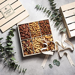 Nut Gift Basket, in Reusable Wooden Crate, Healthy Gift Option, Gourmet Snack Food Box, with Unique Flavors, Great for Easter, Mom, Dad, Feel Better, Sympathy & Birthday- Bonnie & Pop