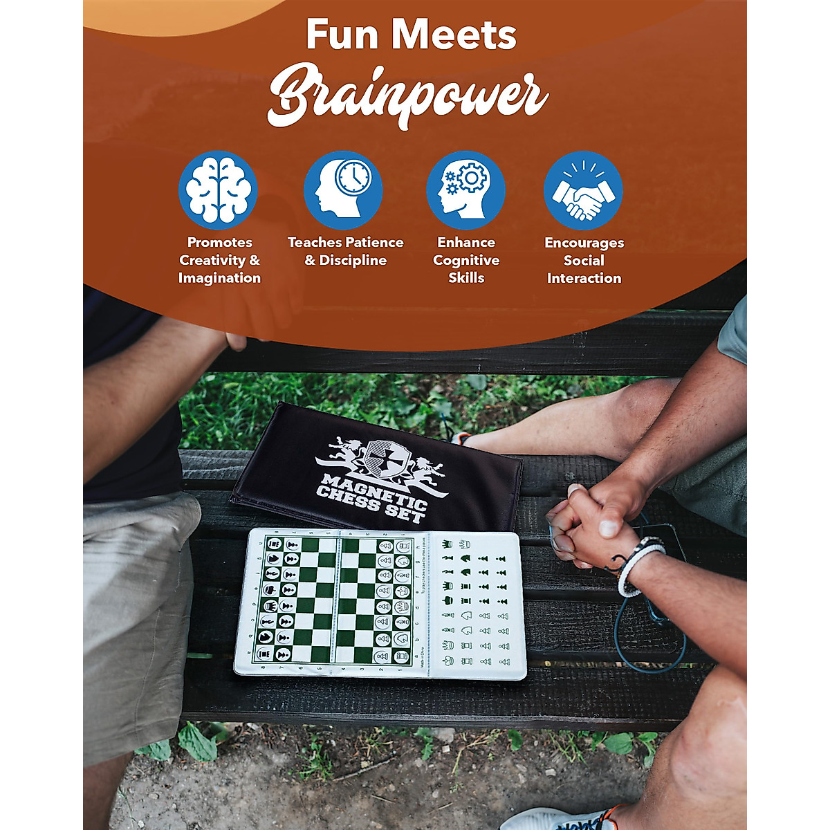 WE Games Mini Chess Set – 10 inch Foldable Pocket Chess Set, Flat Magnetic Chess Pieces, Portable and Travel Chess Set for Adults, White Logo