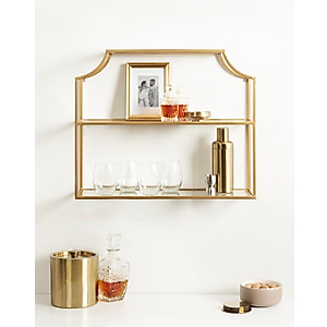 Kate and Laurel Ciel Modern Glam Wide Two-Tier Wall Shelf, 24 x 20, Gold, Tiered Bathroom Shelves for Over The Toilet Storage or Bedroom Makeup Organizer