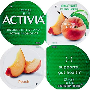 Activia Probiotic Lowfat Yogurt, Peach, Non-GMO Project Verified, 4 Oz, Pack of 4