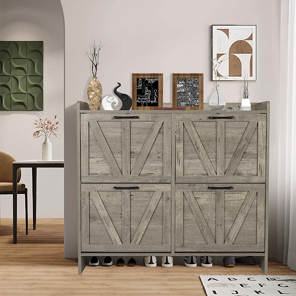 MISHAO Shoe Storage Cabinet with 4 Flip Drawers, Narrow Shoe Cabinet Storage with Legs for Entryway, Freestanding Shoes Organizer Cabinet, Farmhouse Slim Shoe Cabinet, Rustic Gray