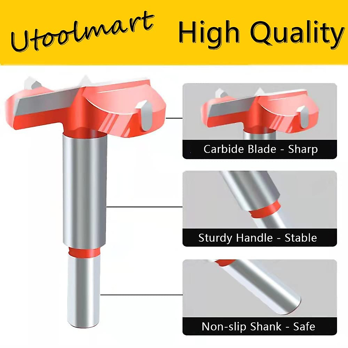 Utoolmart Forstner Drill Bits, 22mm Cemented Carbide Wood Cutter Tool, Round Shank Woodworking Hole Saw Cutter, 85mm Length Woodworking Hole Boring Bit, Orange