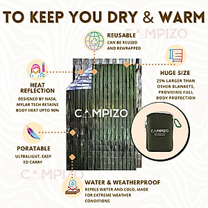 CAMPIZO 4 Pack Emergency Blankets - Thermal Blanket, Space Blanket, Mylar Blanket, Survival Blanket, Foil Blanket, Designed by NASA, Extra Large and Wide for Camping, Hiking, Marathon, (Army Green)