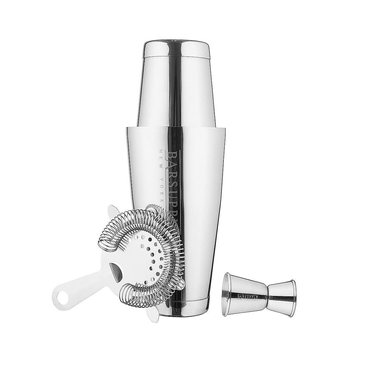 Professional Boston Cocktail Shaker Set | 4-Piece Bar Set | Stainless Steel 304 | 28oz/18oz Weighted Shaker Tins | Hawthorne Strainer | Double Sided Jigger | Recipe Booklet | Bartender Kit (Silver)