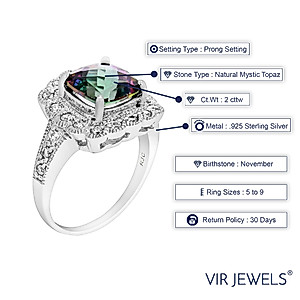 VIR JEWELS 2 cttw Mystic Topaz Ring .925 Sterling Silver with Rhodium Cushion Cut 7 MM Size 7