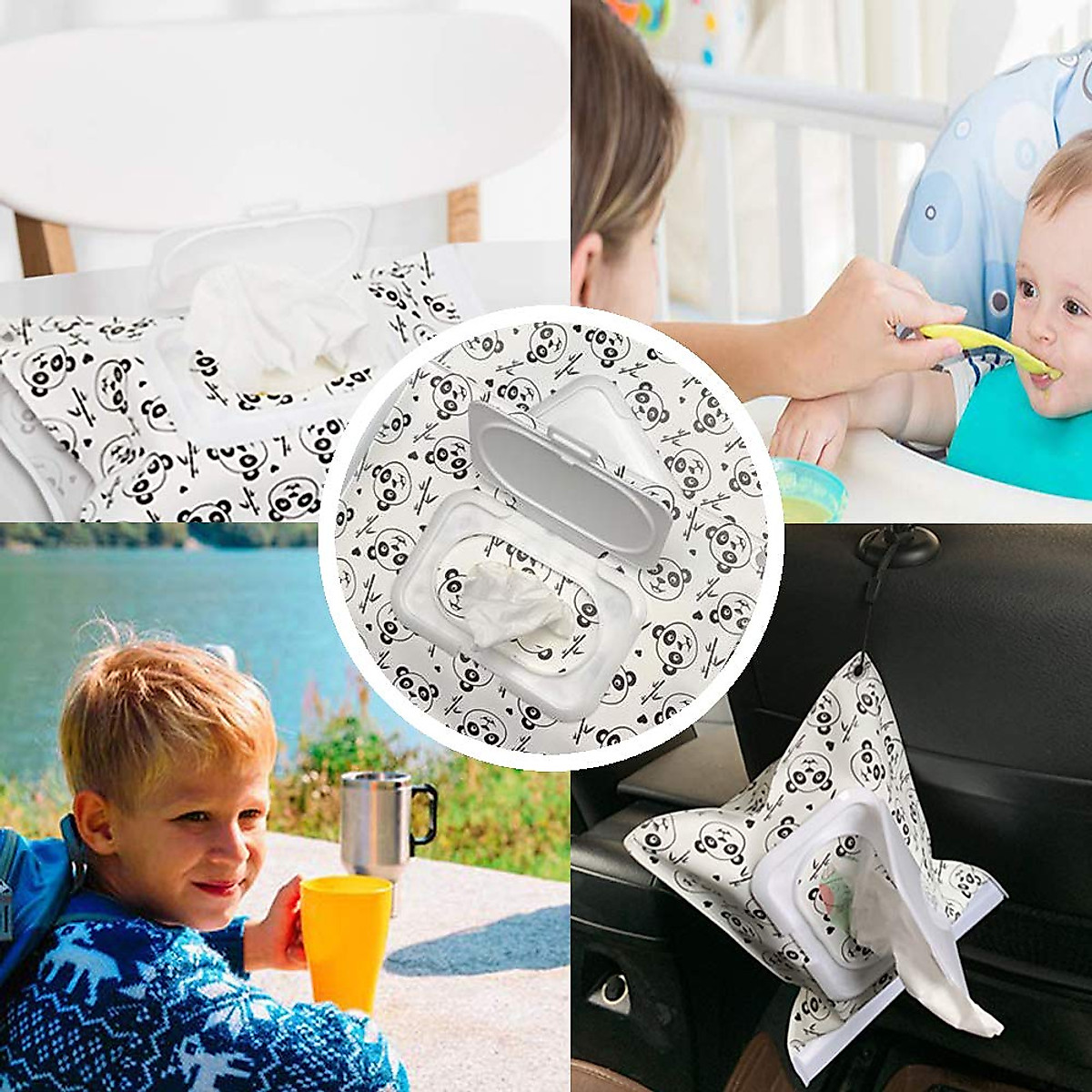 Baby Wipes Dispenser, Paper Tissues Portable Reusable Container Holder Pouch with Lids, for Napkin Nappy Paper Tissues Towel, Wipes Box Bag, Black, Panda Print