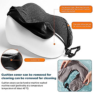 KLERICER Travel Neck Pillow, Memory Foam Neck Pillow for Airplane, Portable 360°Head Support Travel Foam Neck Pillow, with Eye Mask,Earplug and Carry Bag for Airplane, Sleeping, Office (Black)