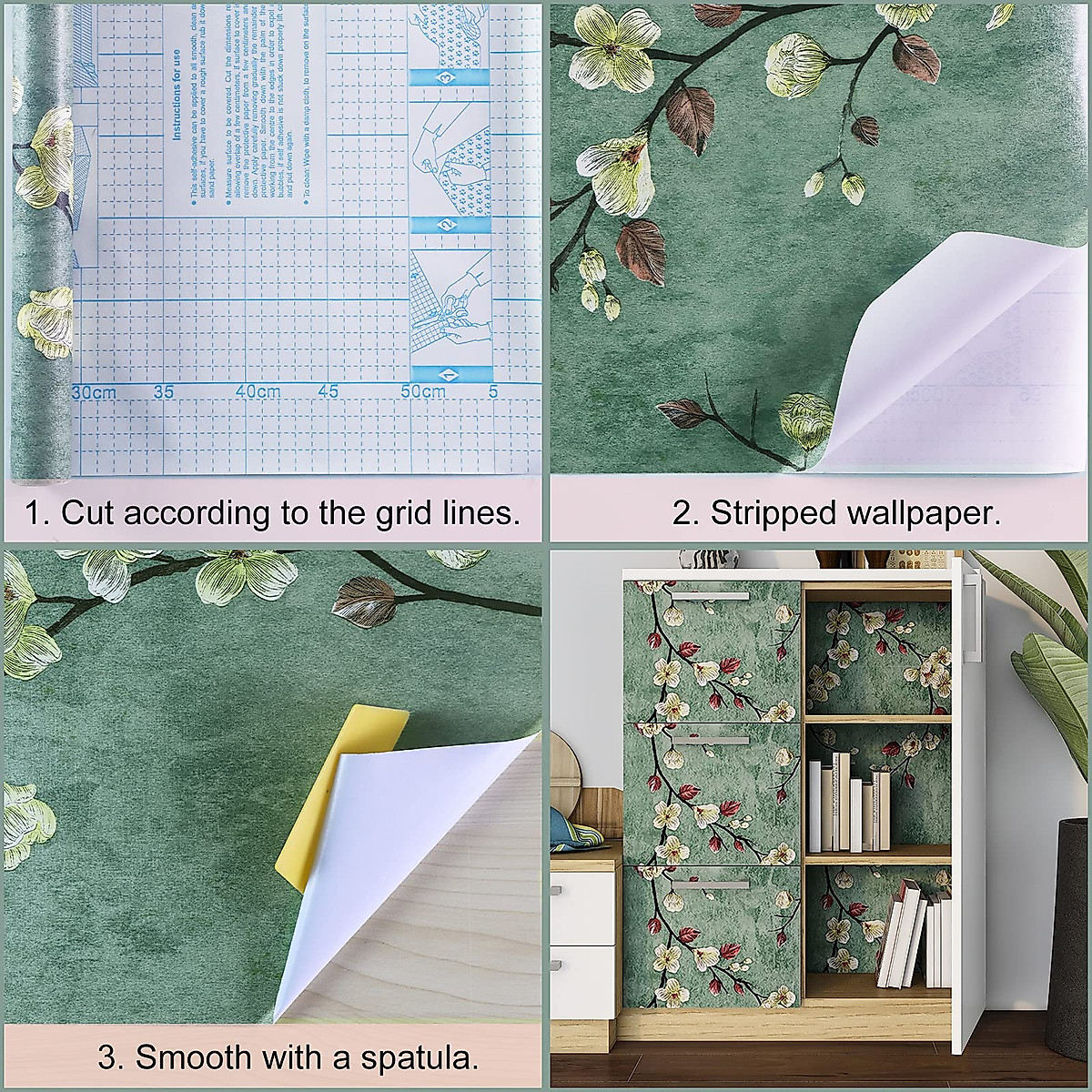 Dulanxer Flower Tree Wallpaper Peel and Stick Wallpaper Self Adhesive Removable Paper Wall Covering Shelf Drawer Liner Vinyl Roll 17.7" x 118", Green