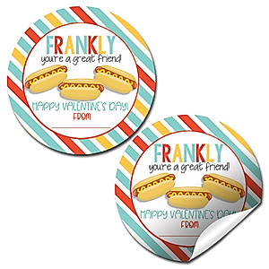 Valentine Hot Dog Themed Happy Valentine's Day Sticker Labels for Kids, 40 2" Party Circle Stickers by Amanda Creation, Great for Party Favors, Envelope Seals & Goodie Bags