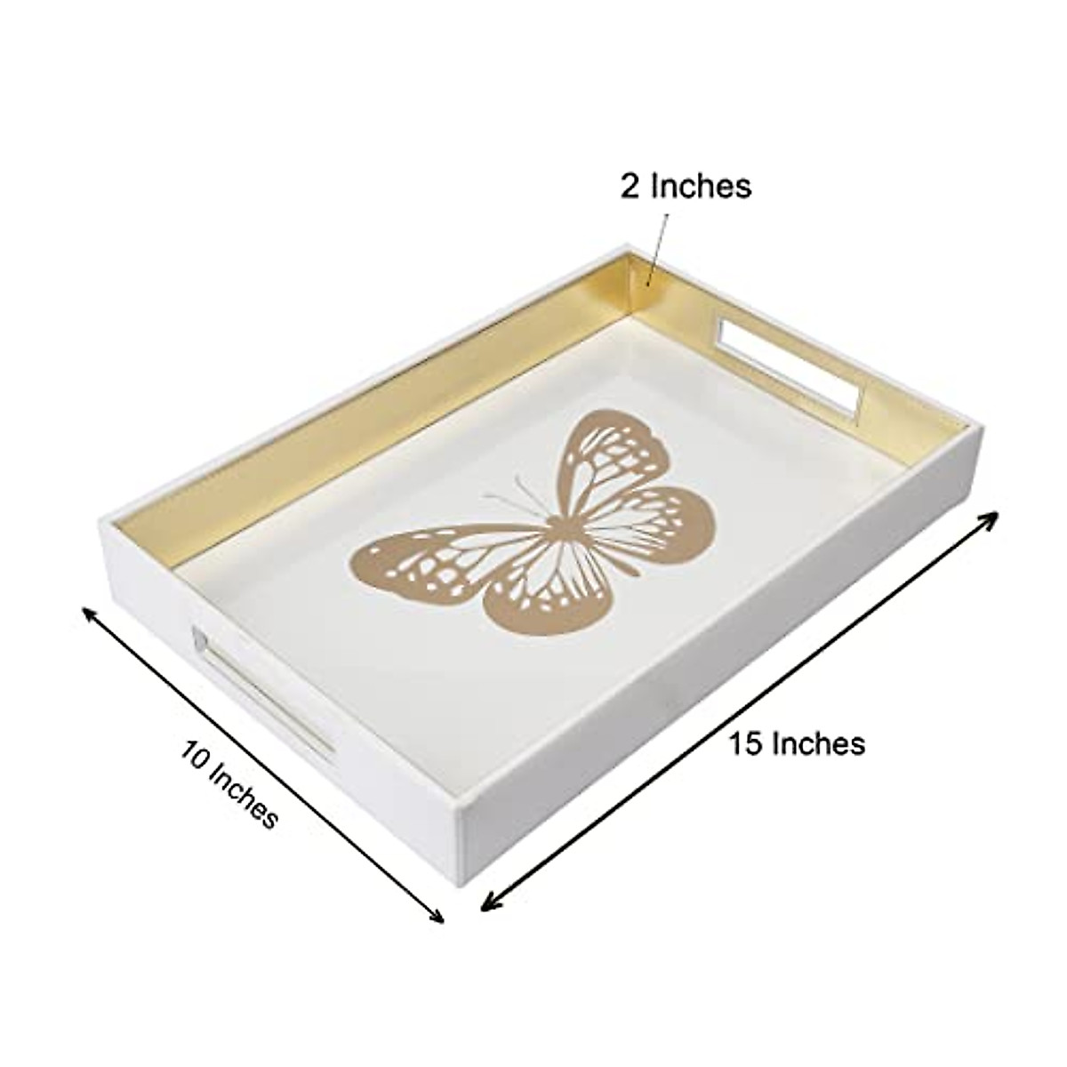 Zvasti Faux Leather Butterfly Printed Tray. White Faux Leather Trays for Coffee Table. Rectangle Tray with Handles