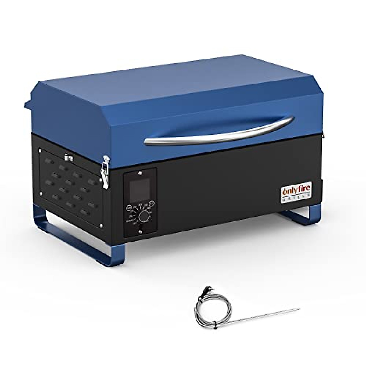 Onlyfire Portable Wood Pellet Grill and Smoker, 8 in 1 Tabletop Outdoor BBQ Grilling Stove for RV Camping Tailgating Cooking with Auto Temperature Control, LED Screen, Meat Probe & 2 Tiers Cooking Area, Blue