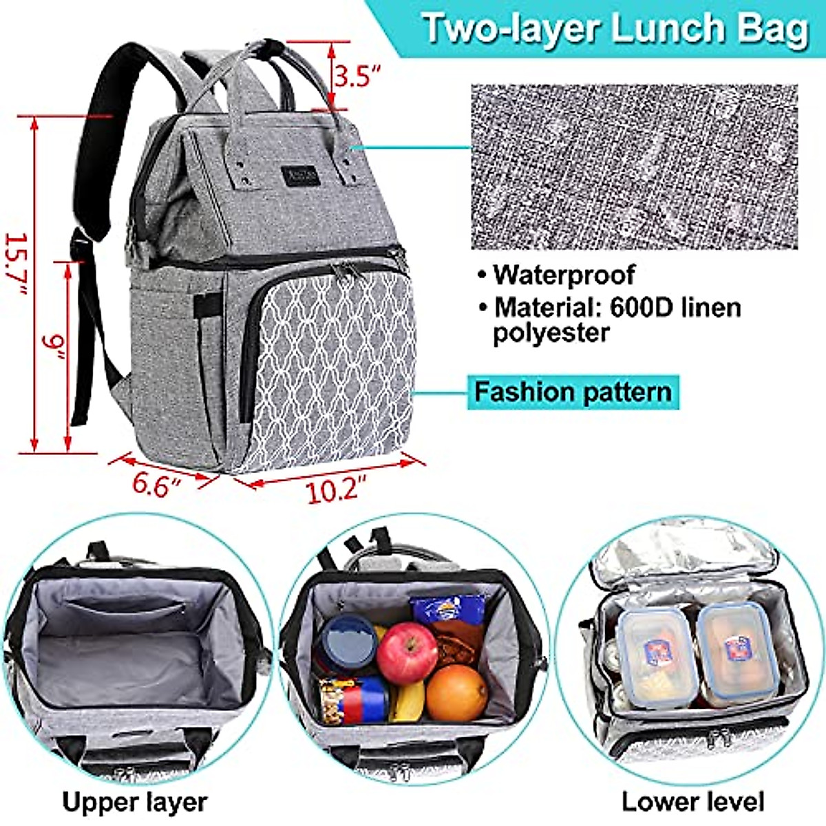 AmHoo Insulated Lunch Box Cooler Backpack Waterproof Leak-proof Lunch Bag Tote For Men Women Hiking Beach Picnic Trip with Strongest YKK Zipper Gray