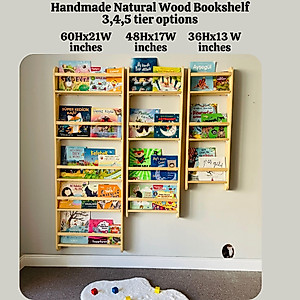 Furpinea Handmade Natural Solid Wood Montessori Narrow Kids Bookshelf, Wall Mounted Tall Skinny Book Shelf, Space Saver Book Rack for Nursery, Living Room 3-Tier, 4-Tier, 5-Tier (21, 5 Tier)